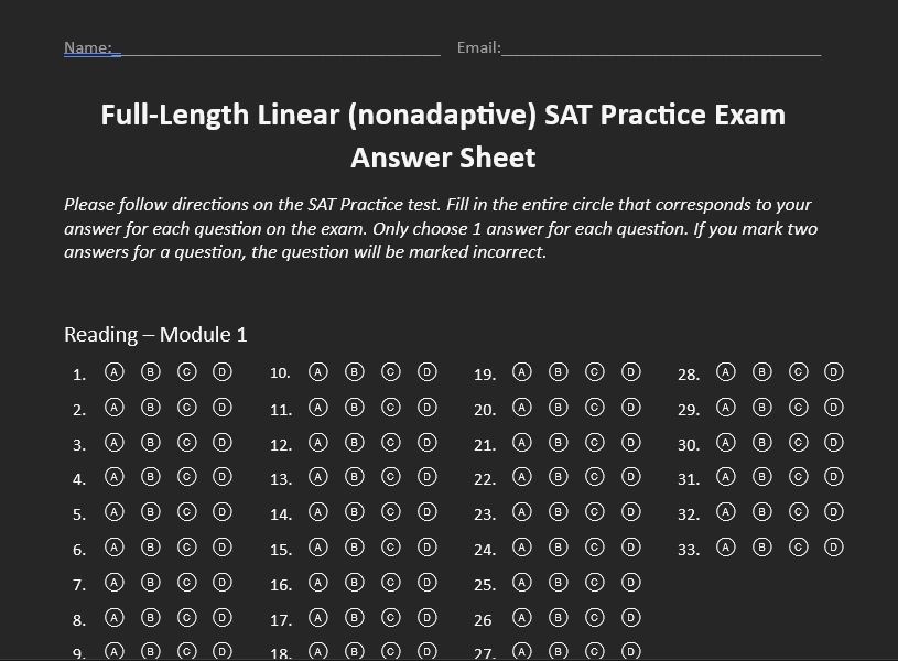 Answer Sheet Linear (nonadapt) SAT Practice (Digtal paper SAT)